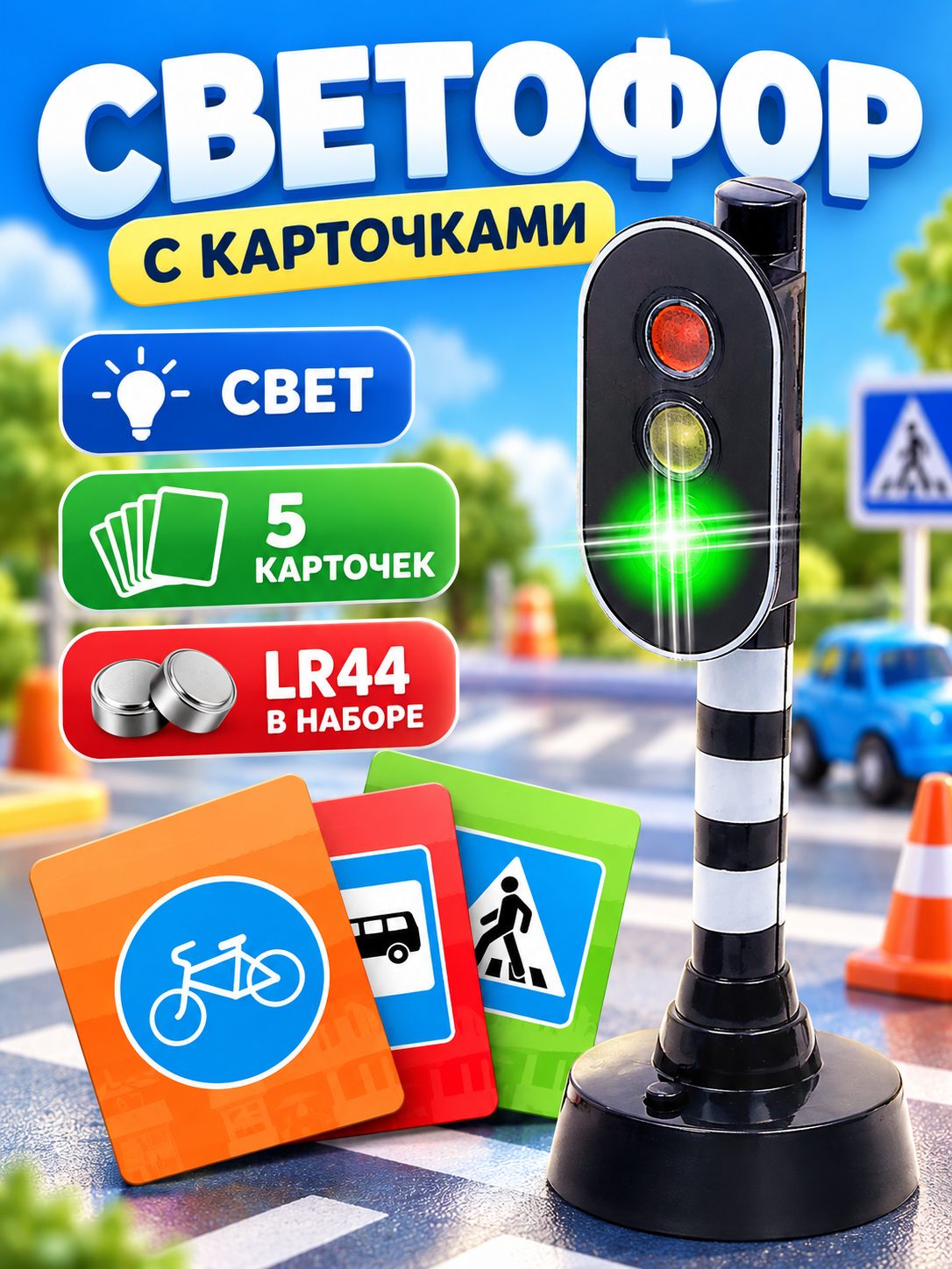 Светофор игрушечный / светофор игрушечный на батарейках / обучающие карточки правил ПДД в комплекте