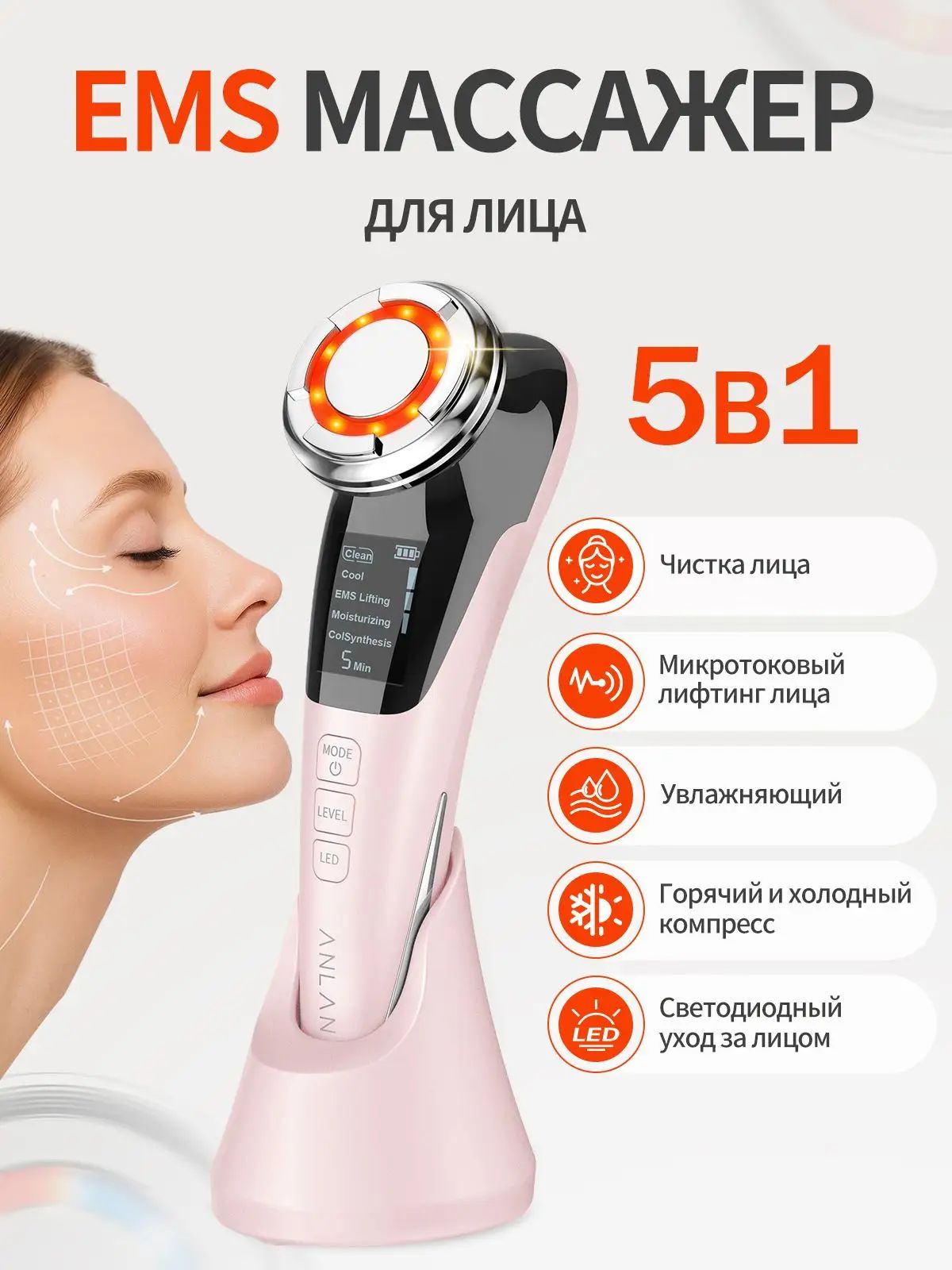 ANLAN, Микротоковый массажер для лица, EMS лифтинг, Уход за красным и синим светом, чистка, розовый