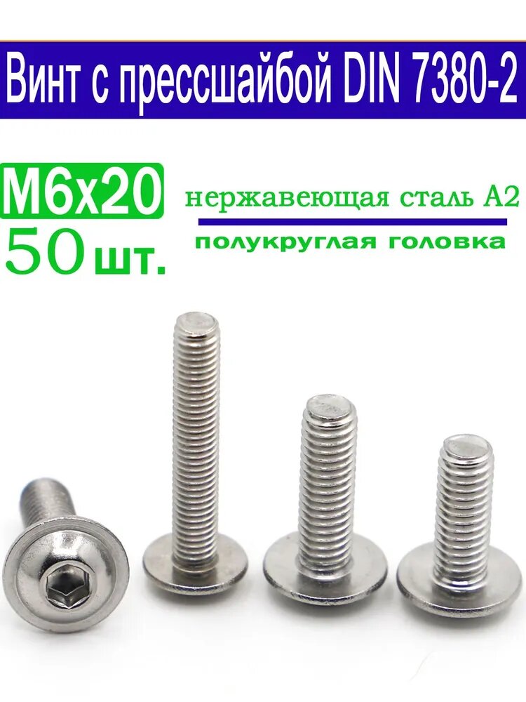 Винт M6 x 6 x 20 мм, головка: Полукруглая, 50 шт.