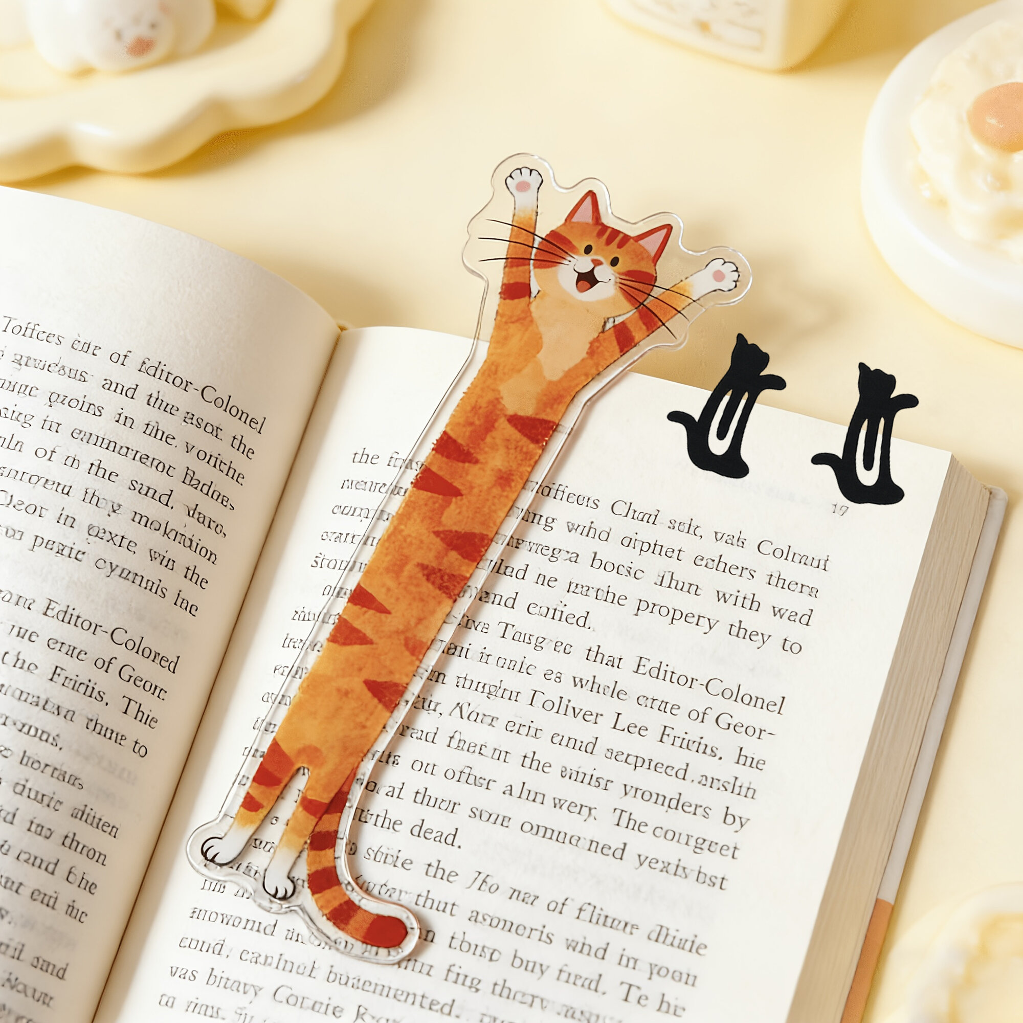 Акриловые закладки для книг в форме кота с рисунком котят, набор из 3 шт (1 оранжевая полосатая + 2 черные), прозрачные маркеры страниц для книг и дневников