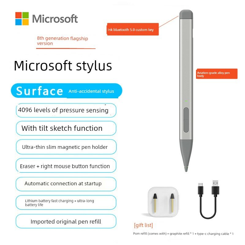 Microsoft Surface Pen Pro 8-е поколение Max тонкий магнитная 4096 давления персональная клавиша серебристый Ink для