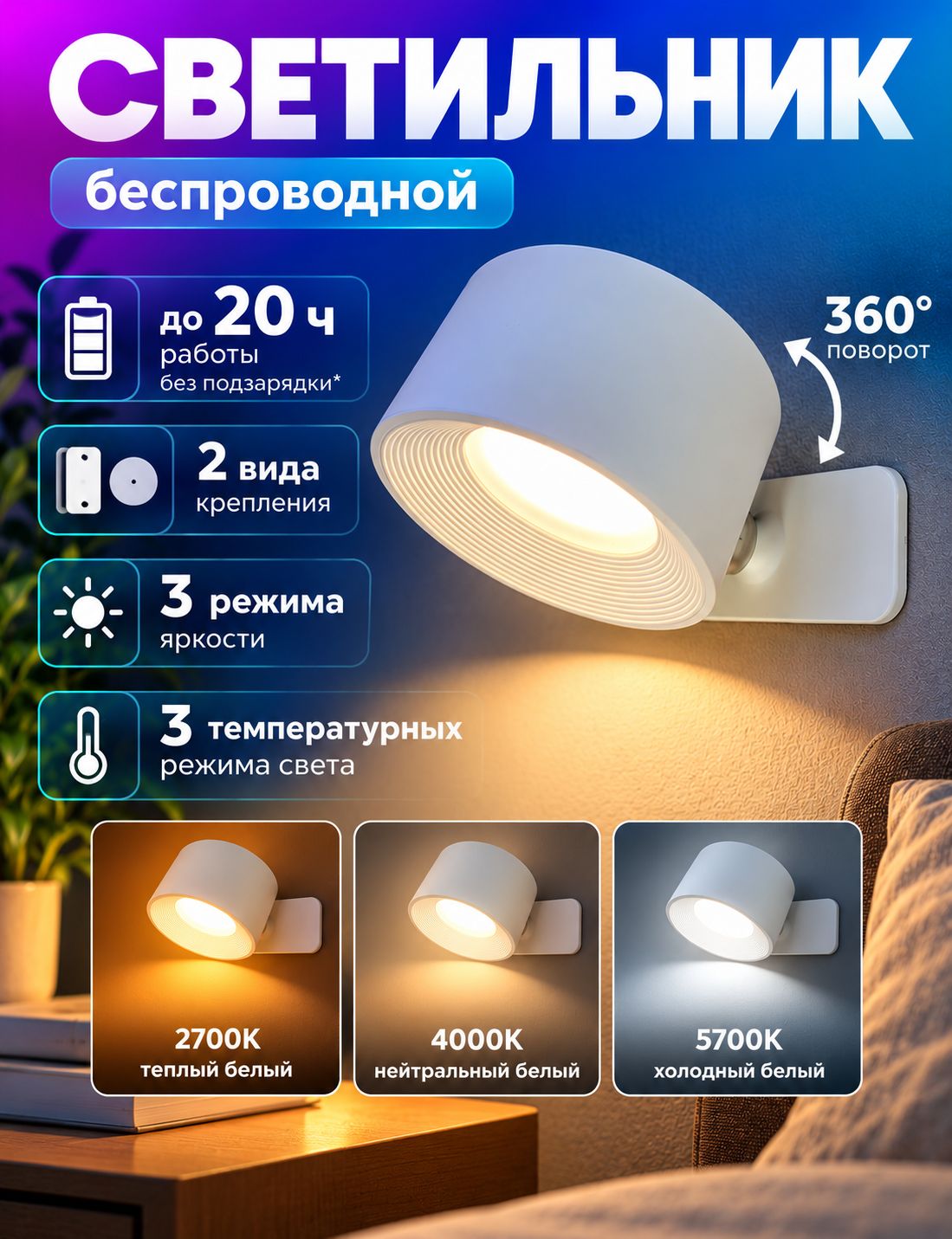 Светильник настенный светодиодный беспроводной, LED лампа на магните
