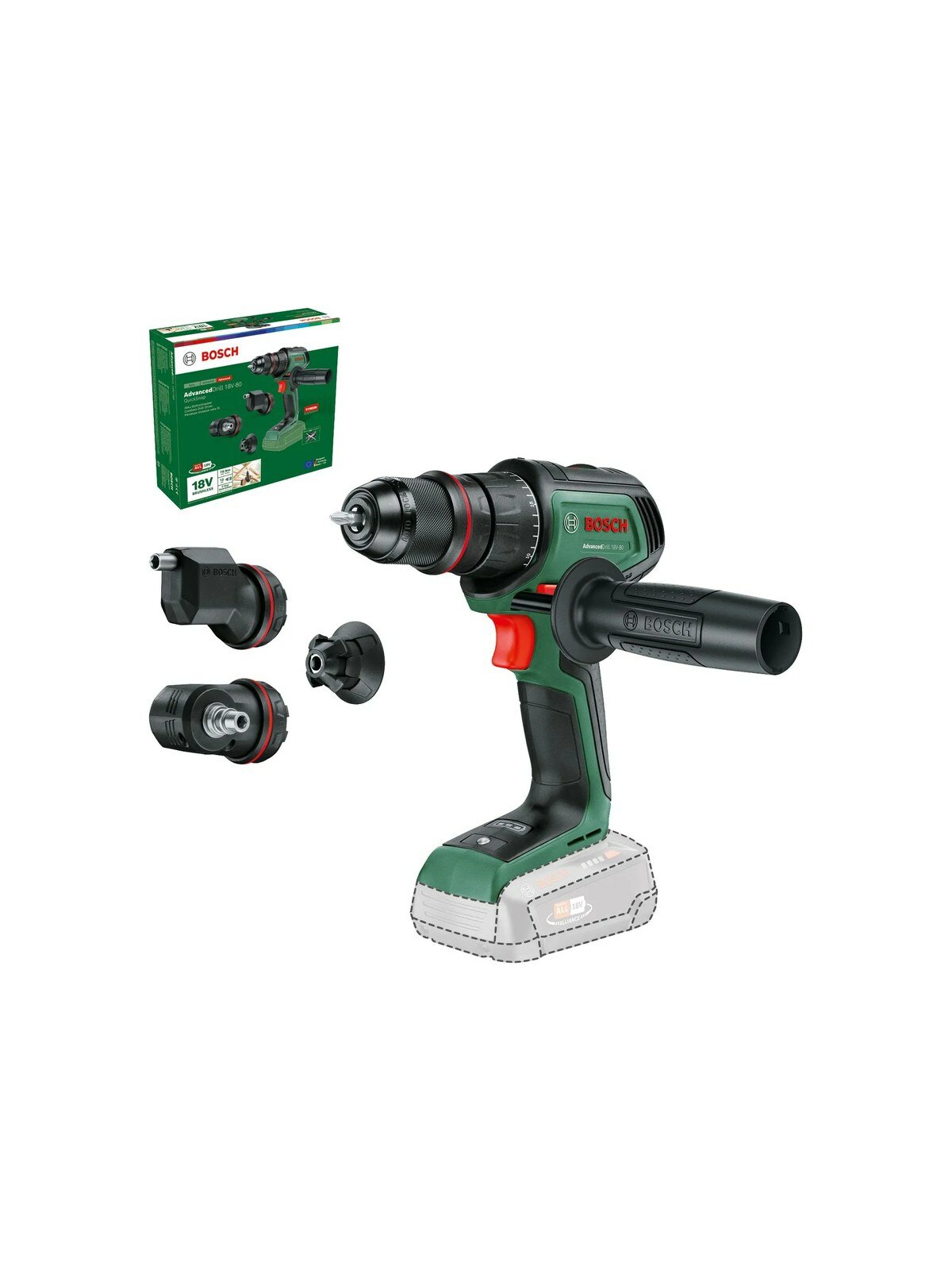 Дрель-шуруповерт аккумуляторная бесщеточная Bosch AdvancedDrill 18V-80 QuickSnap, Комплект из 3 частей изголовья, 18В, 78Нм, без акк и з/у, 06039E2003