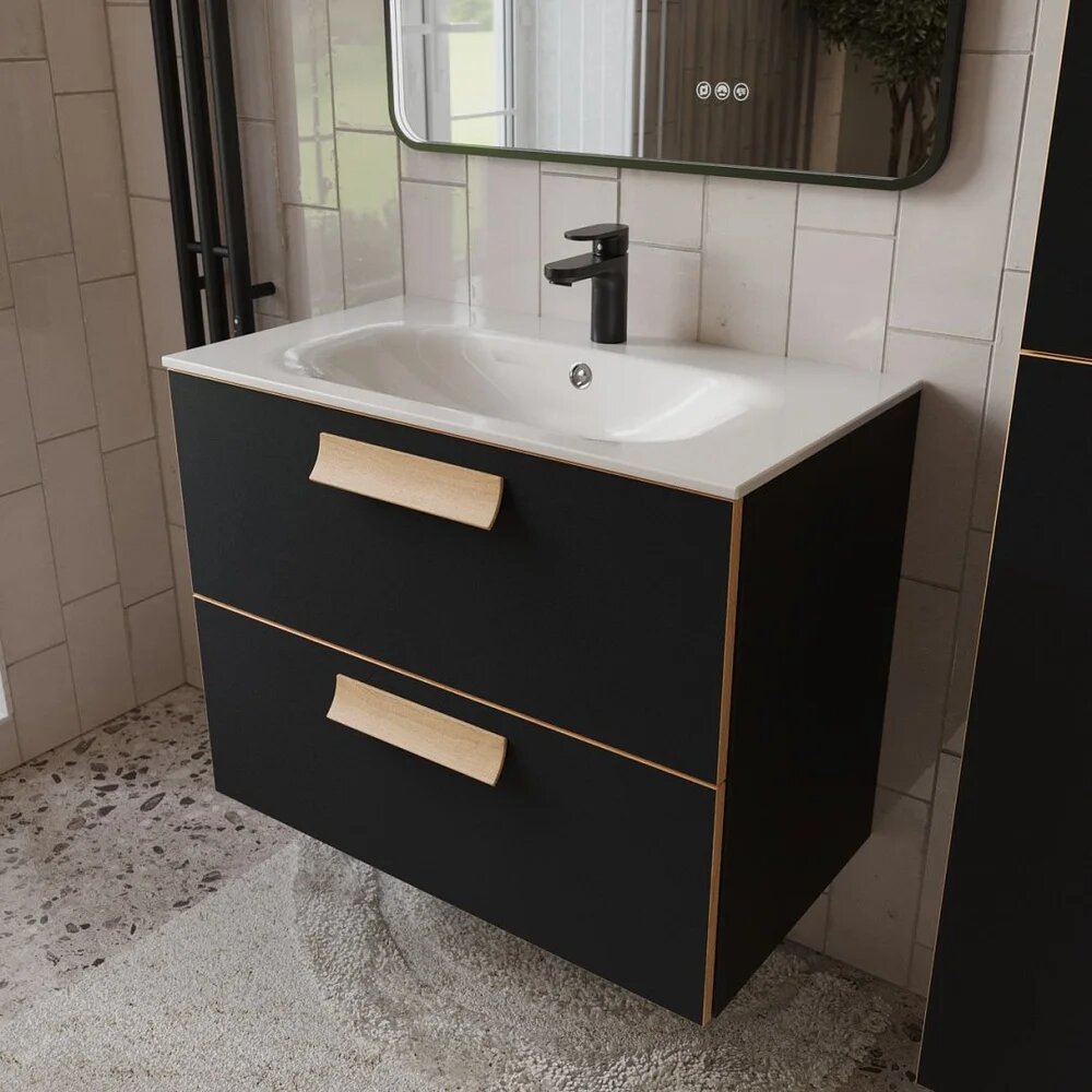 Тумба с раковиной подвесная Terminus Noto 80 см, 2 ящика, черный soft touch