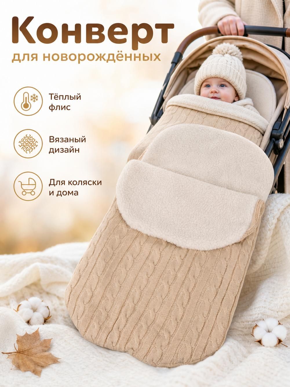Конверт для коляски утепленный, крупной вязки, с флисом, коричневый