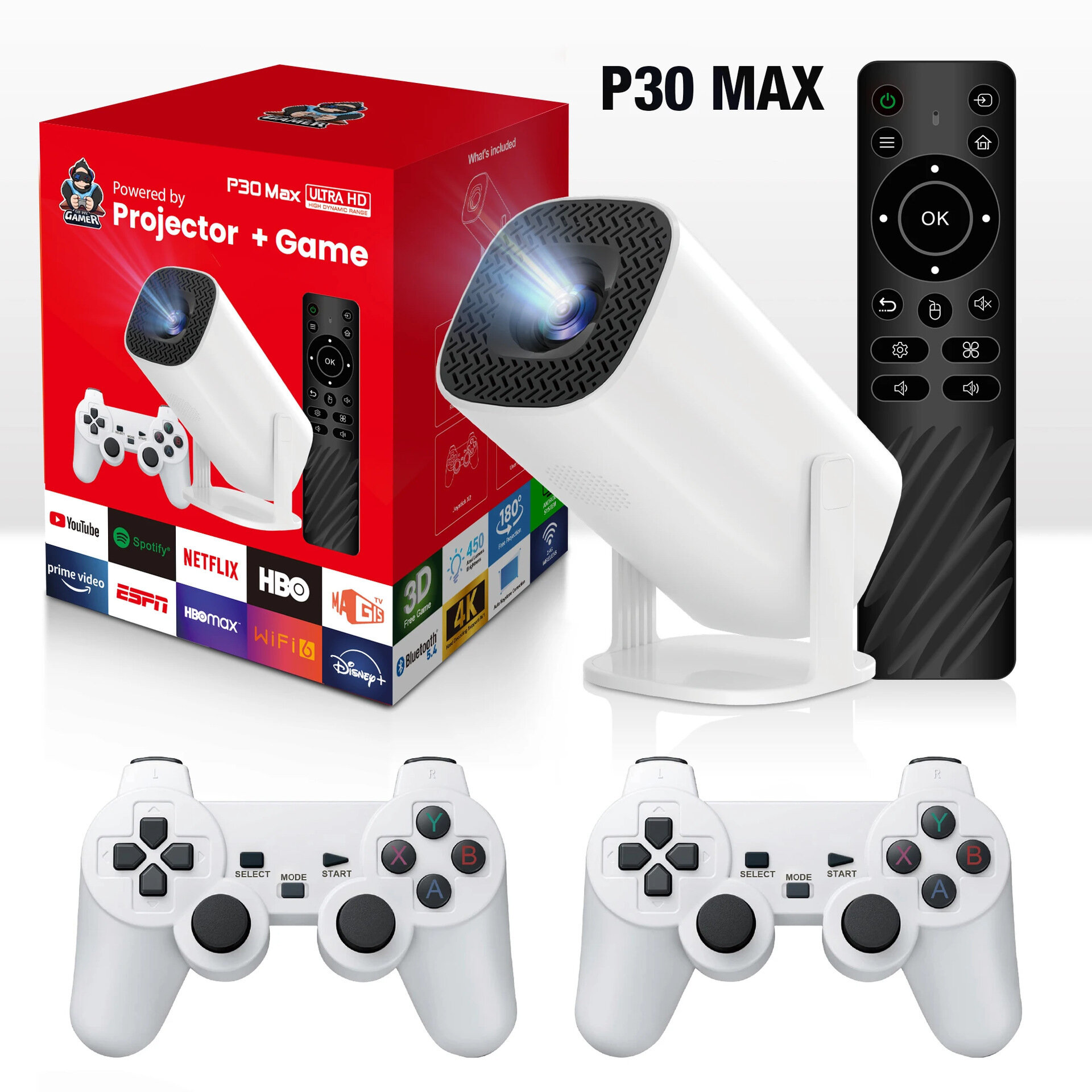 Проектор P30MAX для игр 4K 720P HD Домашний Театр WiFi Android Игровая Консоль, белый, UK
