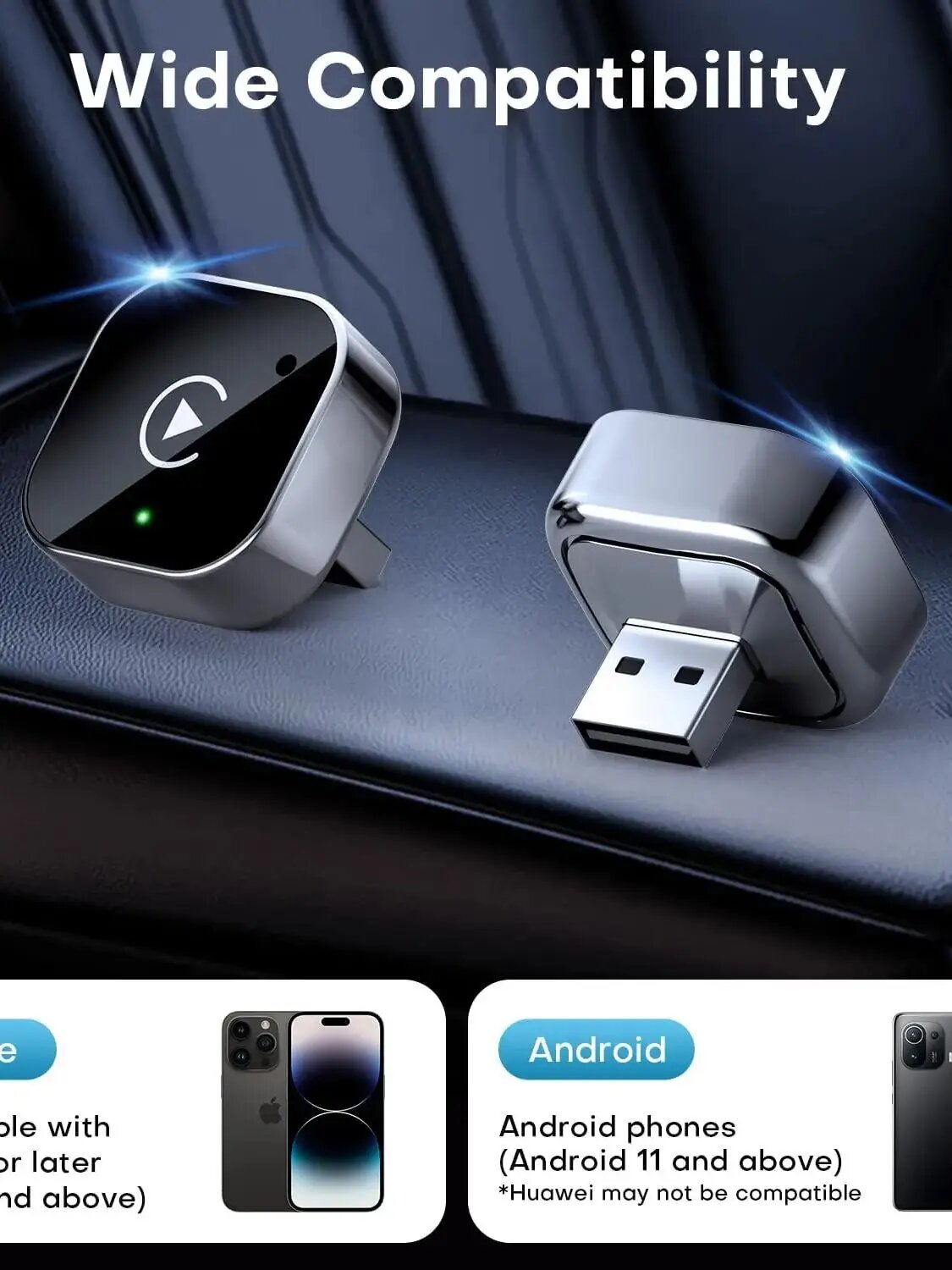 Беспроводной Адаптер 2-в-1 Для CarPlay И Android Auto, Универсальный, С Функцией Plug & Play, Bluetooth, Wi-Fi, USB Type A
