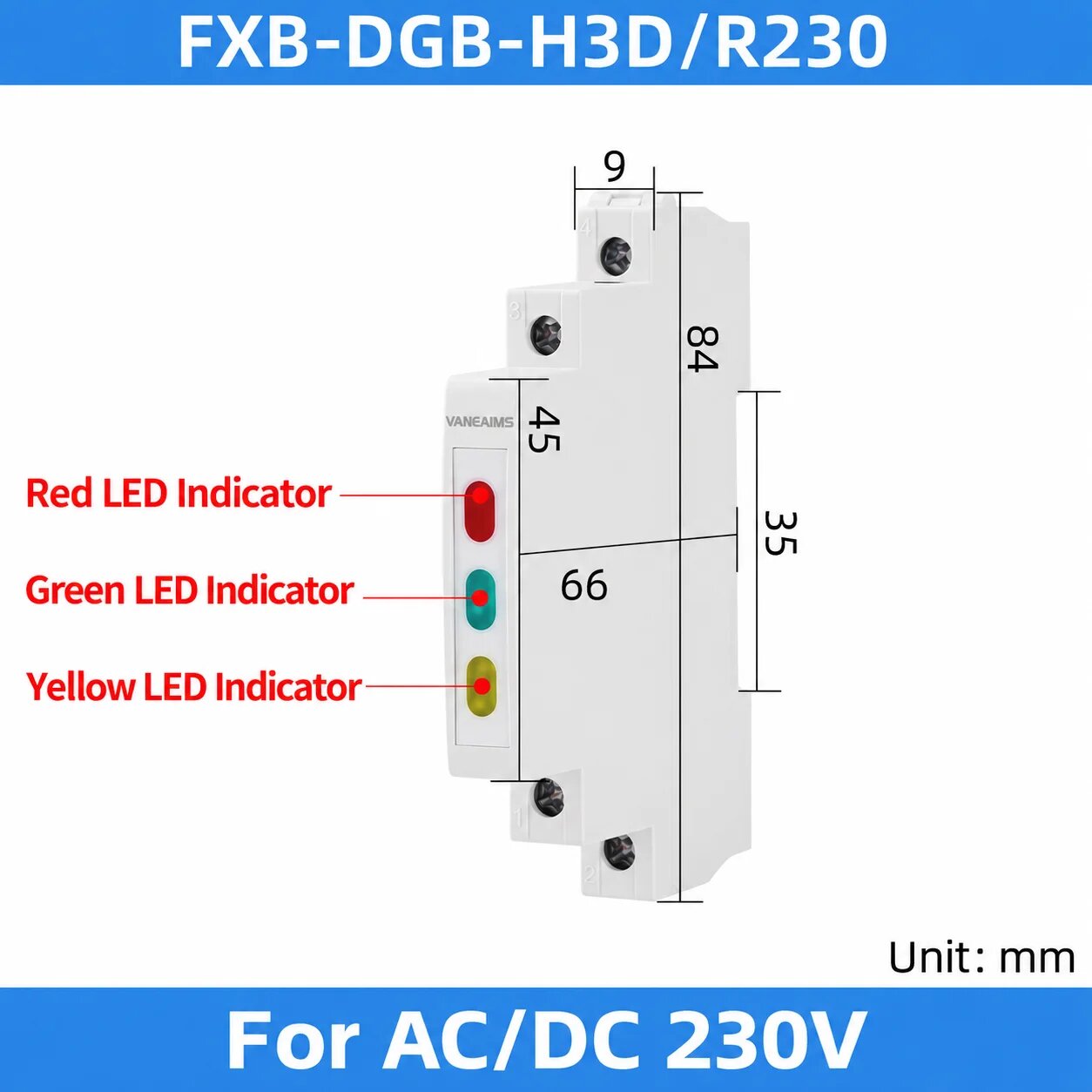 Светодиодный индикатор VaneAims JD9-H1D/2D/3D, Tricolor (RGY) 230V