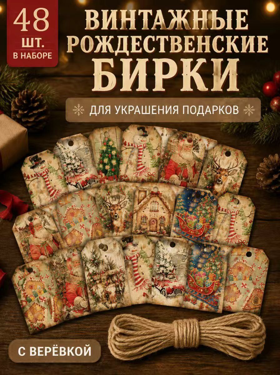 Набор из 48 рождественских бирок, подарочные этикетки с 10 м джутовой нитью