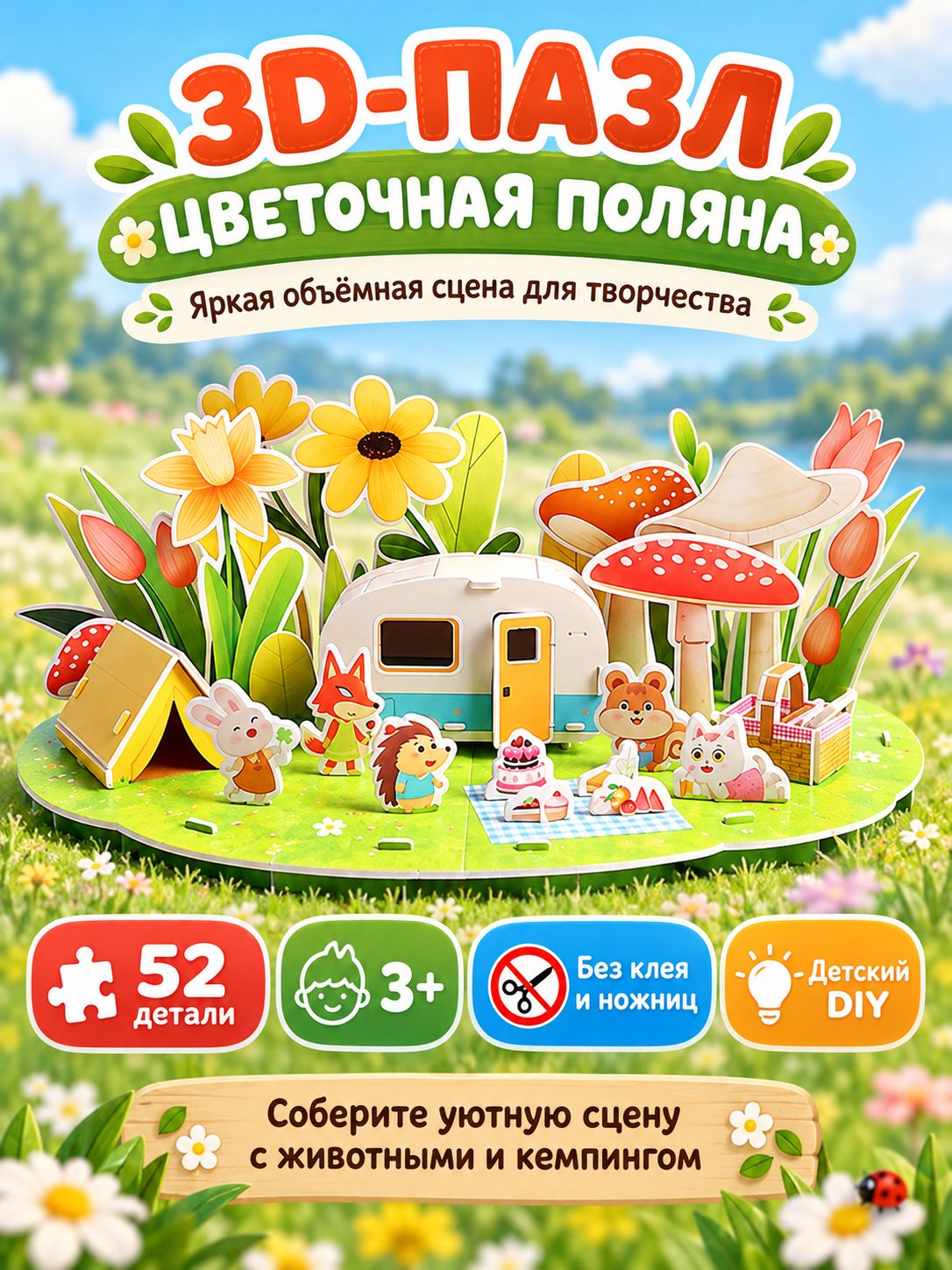 3D-пазл детский Луговая деревня, картонный объёмный конструктор без клея, развивающий набор для творчества, 53 детали