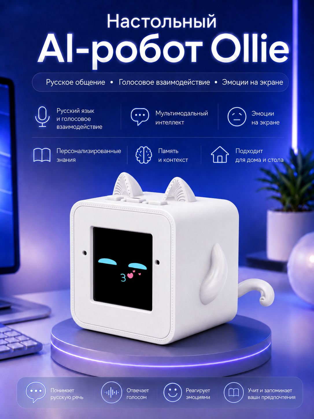 Интеллектуальный настольный робот Ollie AI, умный AI-компаньон с русским голосовым общением, эмоциями на экране, Wi-Fi 2.4G, Type-C, черный/белый/розовый