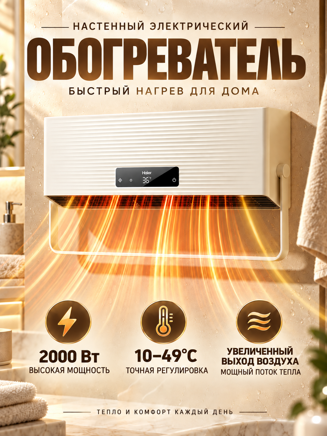 Обогреватель электрический настенный для помещений, высокая мощность, равномерный нагрев, удобное управление для поддержания комфортной температуры