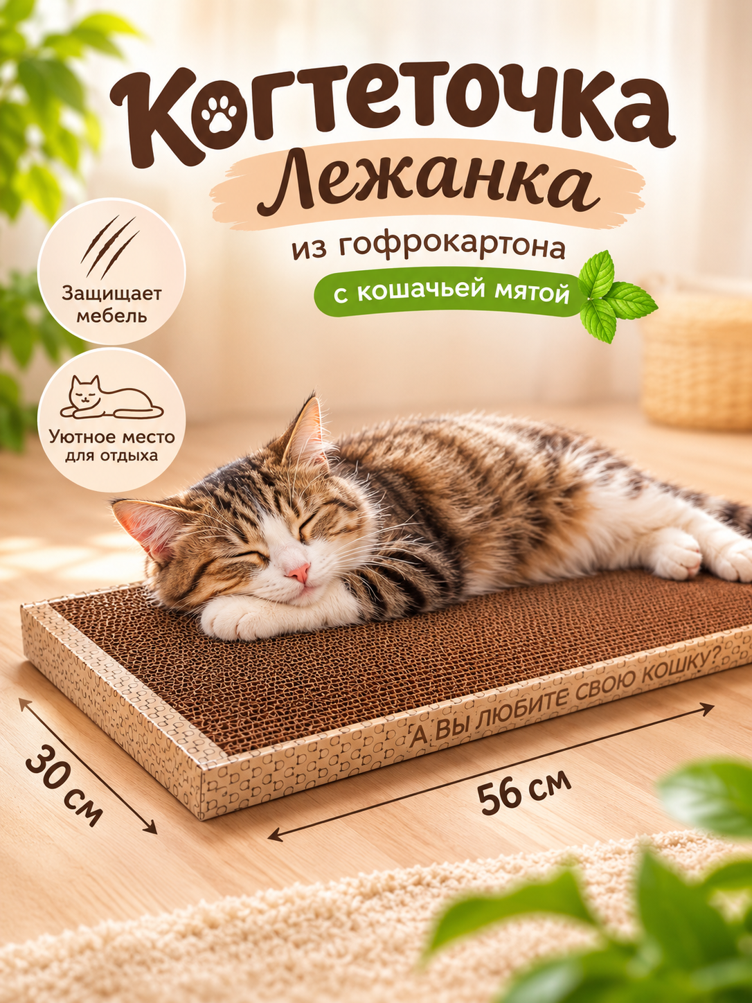 Когтеточка для кошек, лежанка из гофрокартона, с кошачьей мятой, 56 х 30 см
