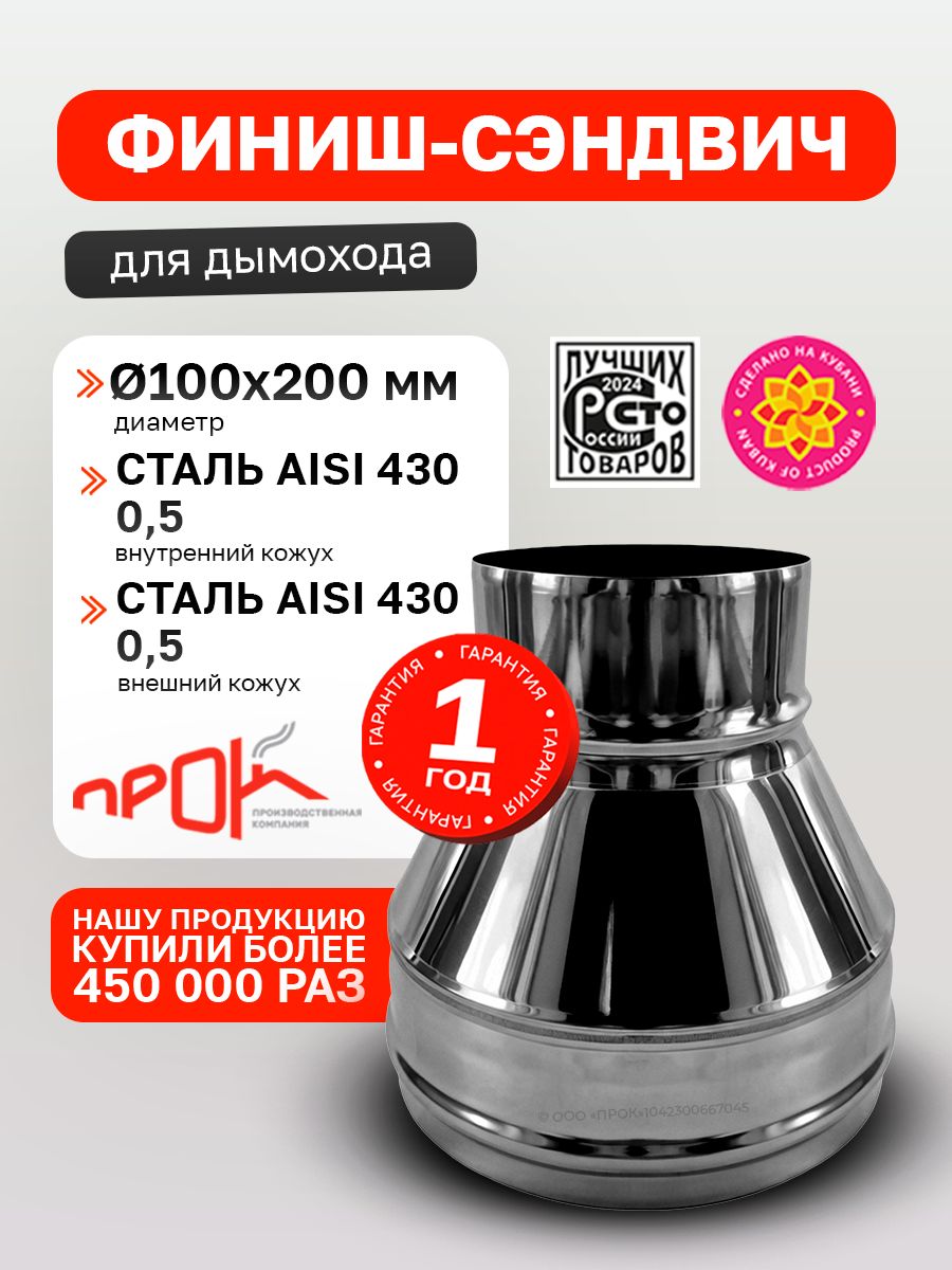 Финиш сэндвич для дымохода D 100x200 мм (0,5/430*0,5/430) нерж/нерж "Прок"