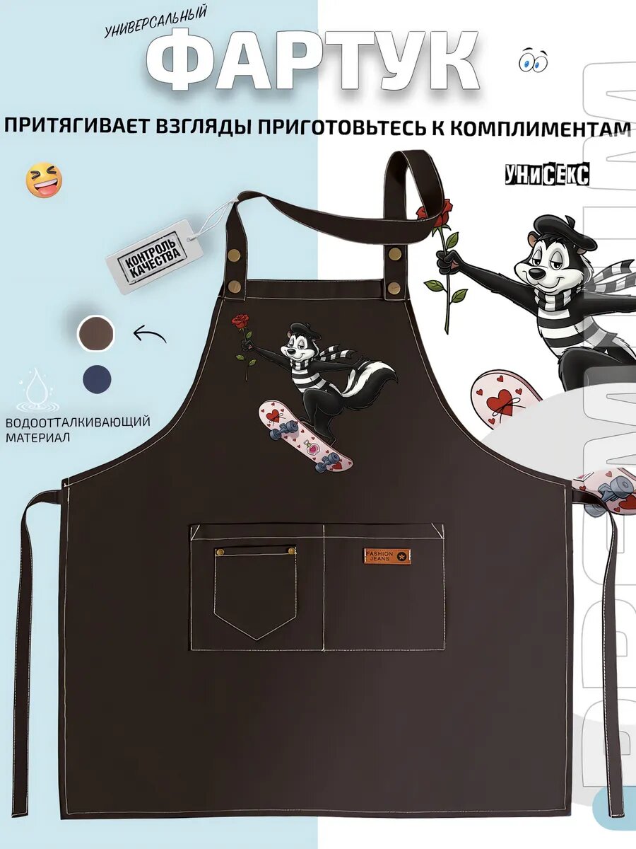 Фартук Скунс Skunk мультфильм с розой и скейтбордом кухонный с принтом универсальный