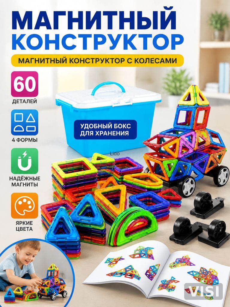 Магнитный конструктор 60 деталей ABS-пластик, 4 формы, прозрачные элементы, колесные базы для детей