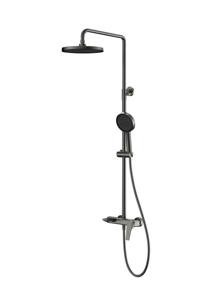 Душевая стойка Vincea Puro VSFS-5P1GM со смесителем, вороненая сталь, матовая, душевая система с тропическим душем, с изливом, с лейкой, латунная, нержавеющая сталь, рычаг сбоку