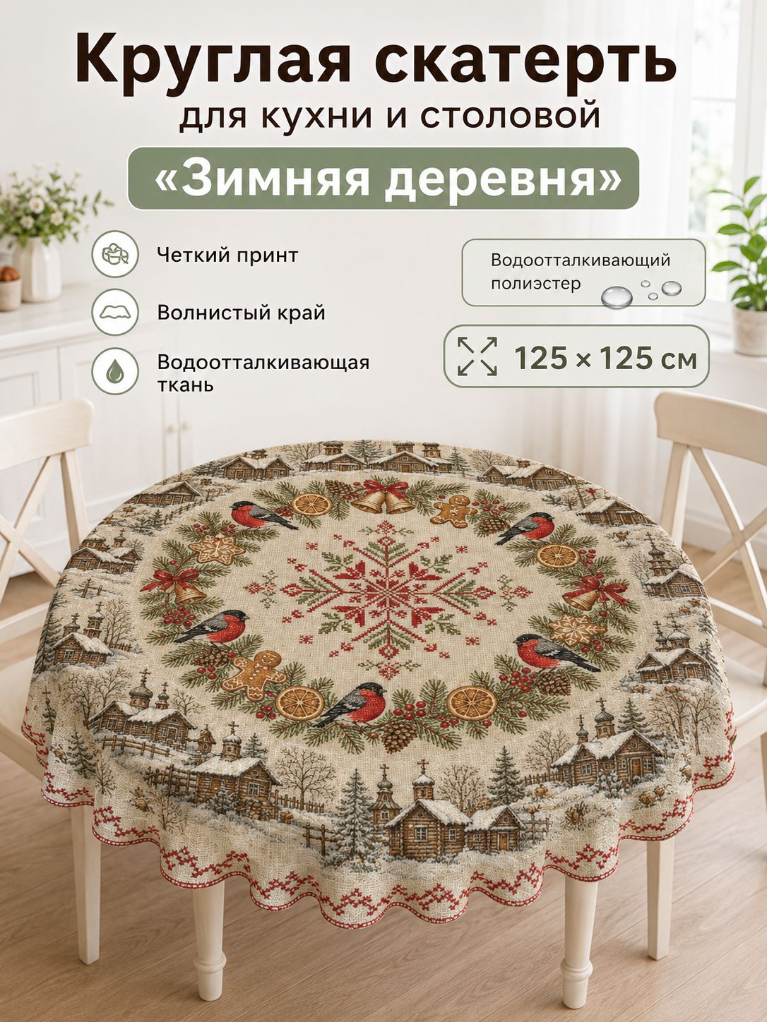 Скатерть 125x125 см ткань круглая пятнозащитная пропитка, антискользящее покрытие разноцветный