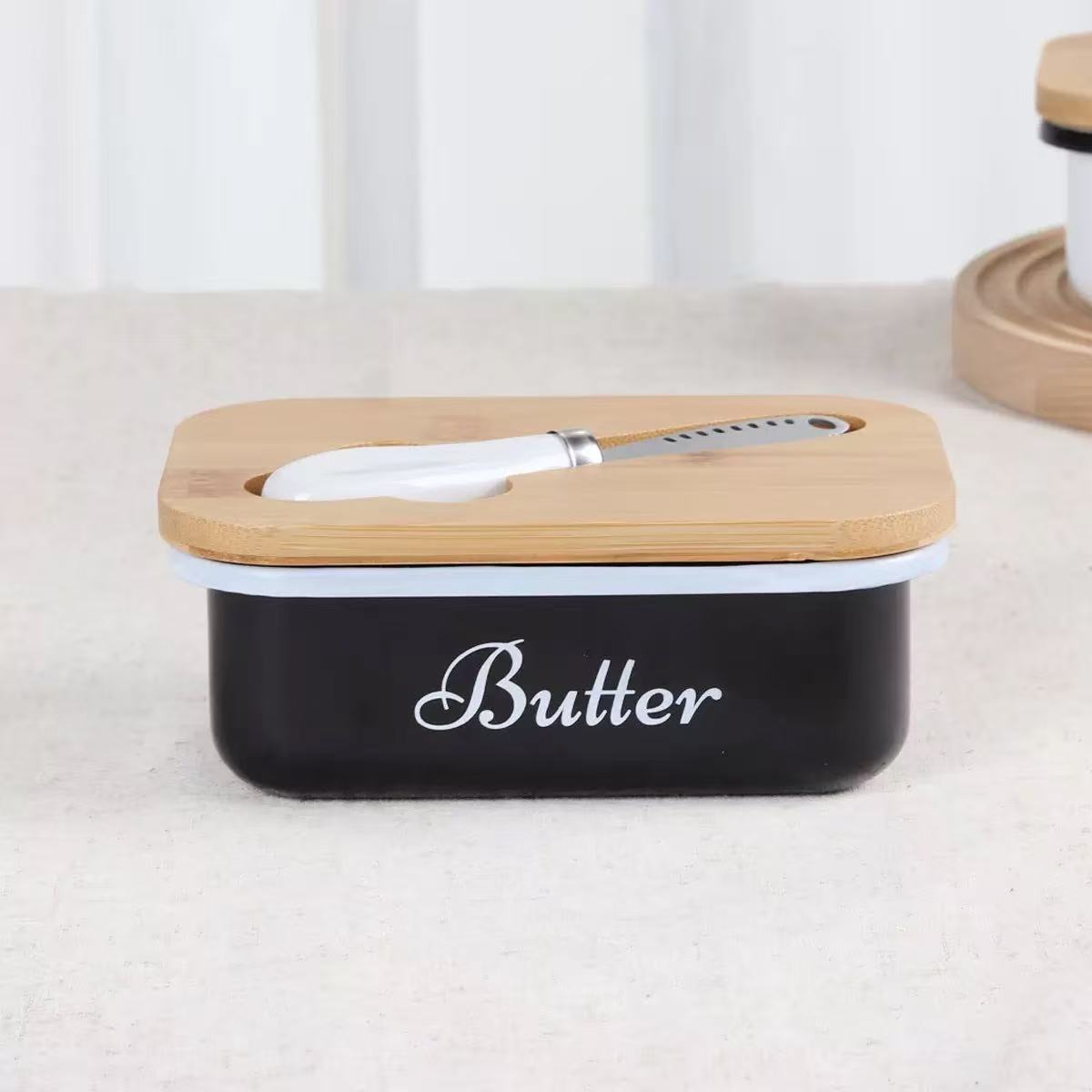 Масленка "Butter", нержавеющая сталь, деревянная крышка и нож для масла, black, 300 мл