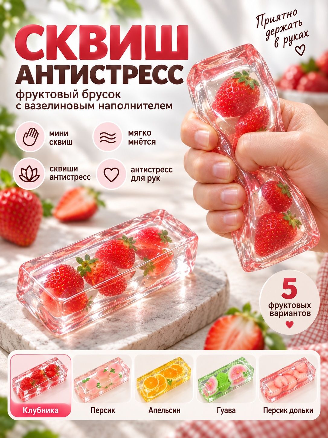 Вазелиновый сквиш антистресс с клубникой, прозрачный фруктовый брусок