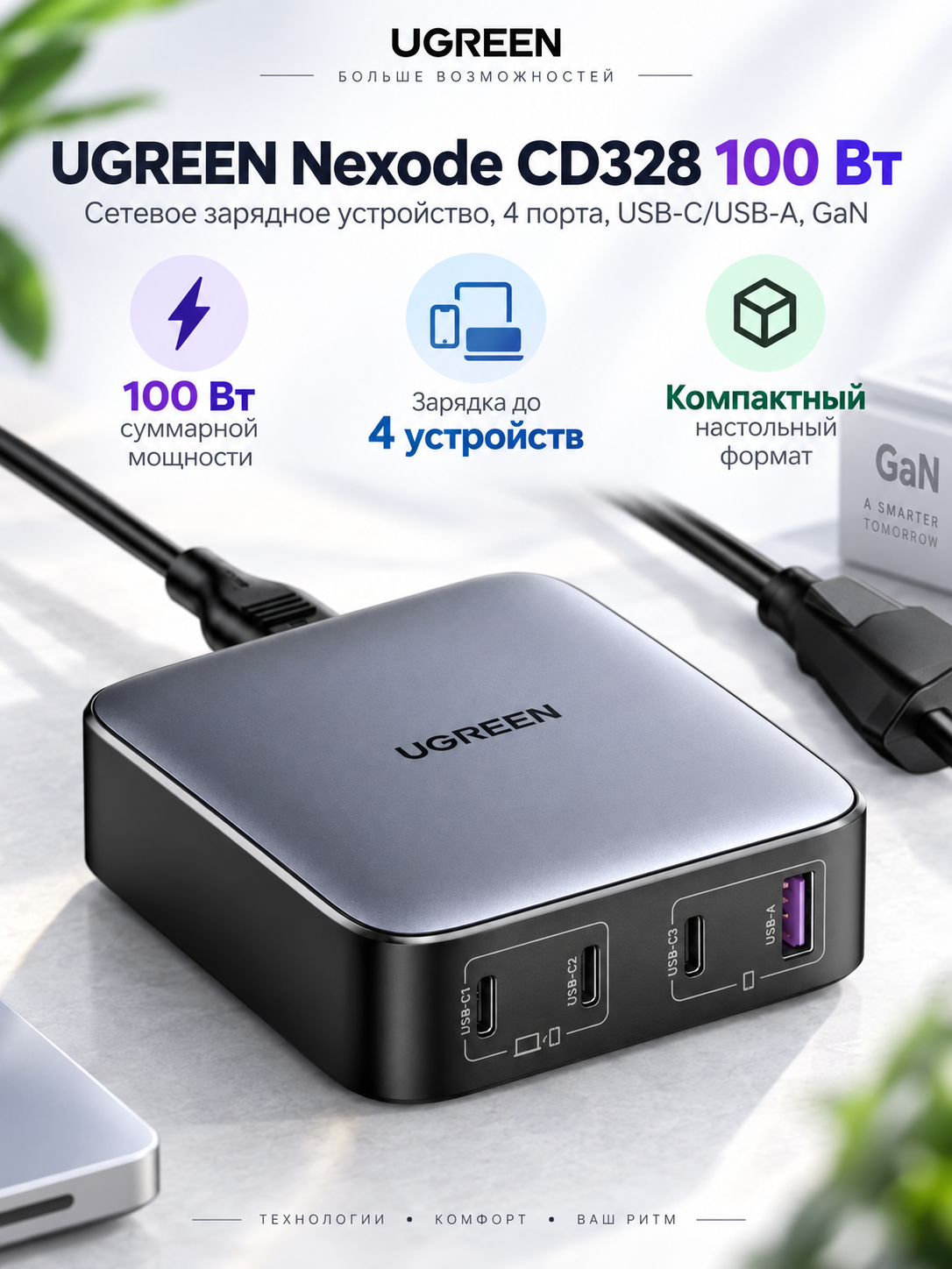 Сетевое зарядное устройство UGREEN CD328 Nexode 100 Вт, 4 порта, USB-C/USB-A, GaN