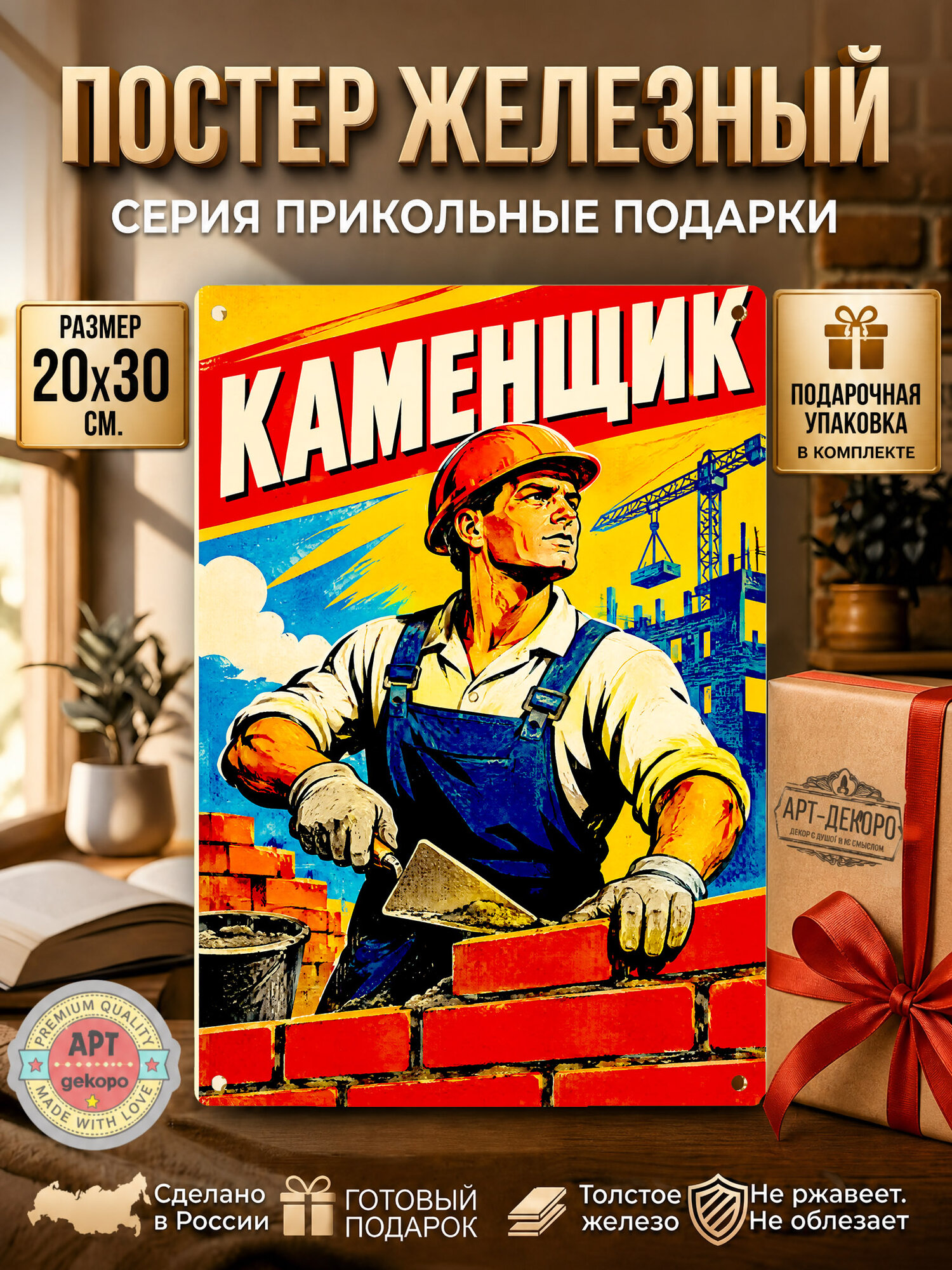 Каменщик табличка металлическая декоративная, интерьерный постер вывеска для бизнеса и дома 20х30 см