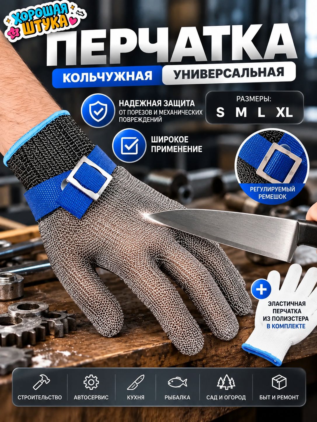Перчатки защитные кольчужные (S-XL) для разделки мяса, рыбы, устриц антипорезные, нержавеющая сталь