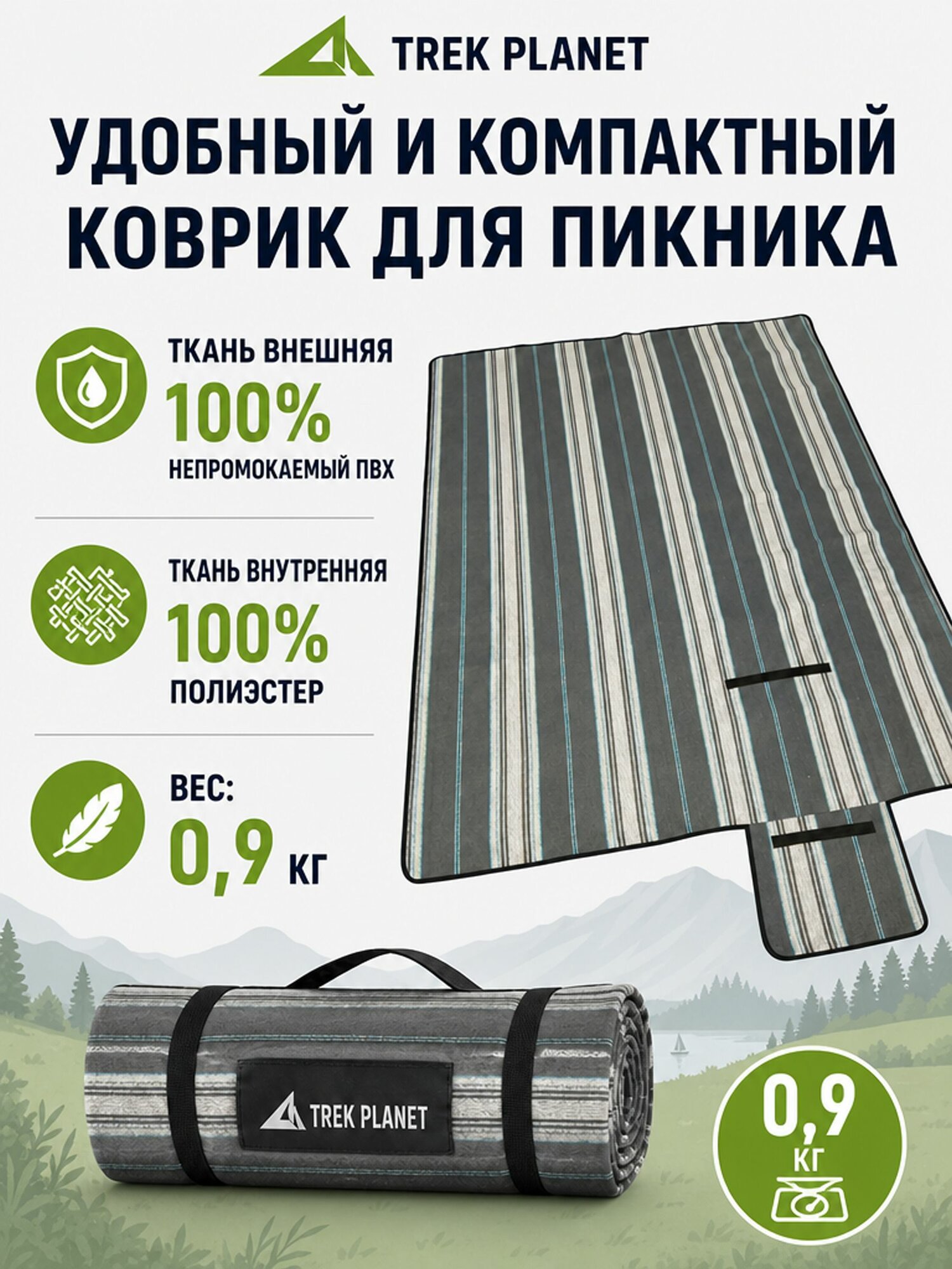 Коврик для туризма и отдыха TREK PLANET picnic mat Серый, Размер 170х135 см. Товар уцененный