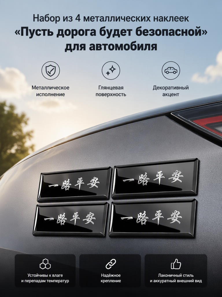 Набор из 4 металлических наклеек «一路平安» для автомобиля, эмблемы цвета оружейный металл на кузов