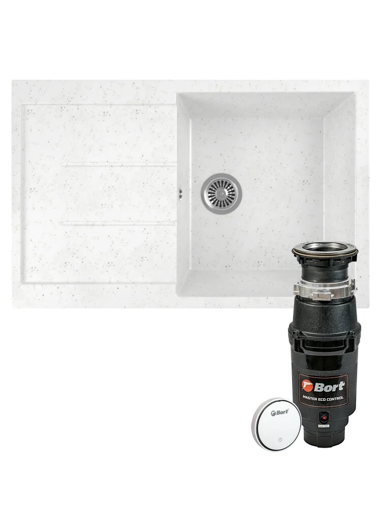 Комплект Мойка Domaci Бьелла M-GS14-W 75x50, белая, искусственный мрамор / Измельчитель Bort Master Eco Control электрический, нержавеющая сталь