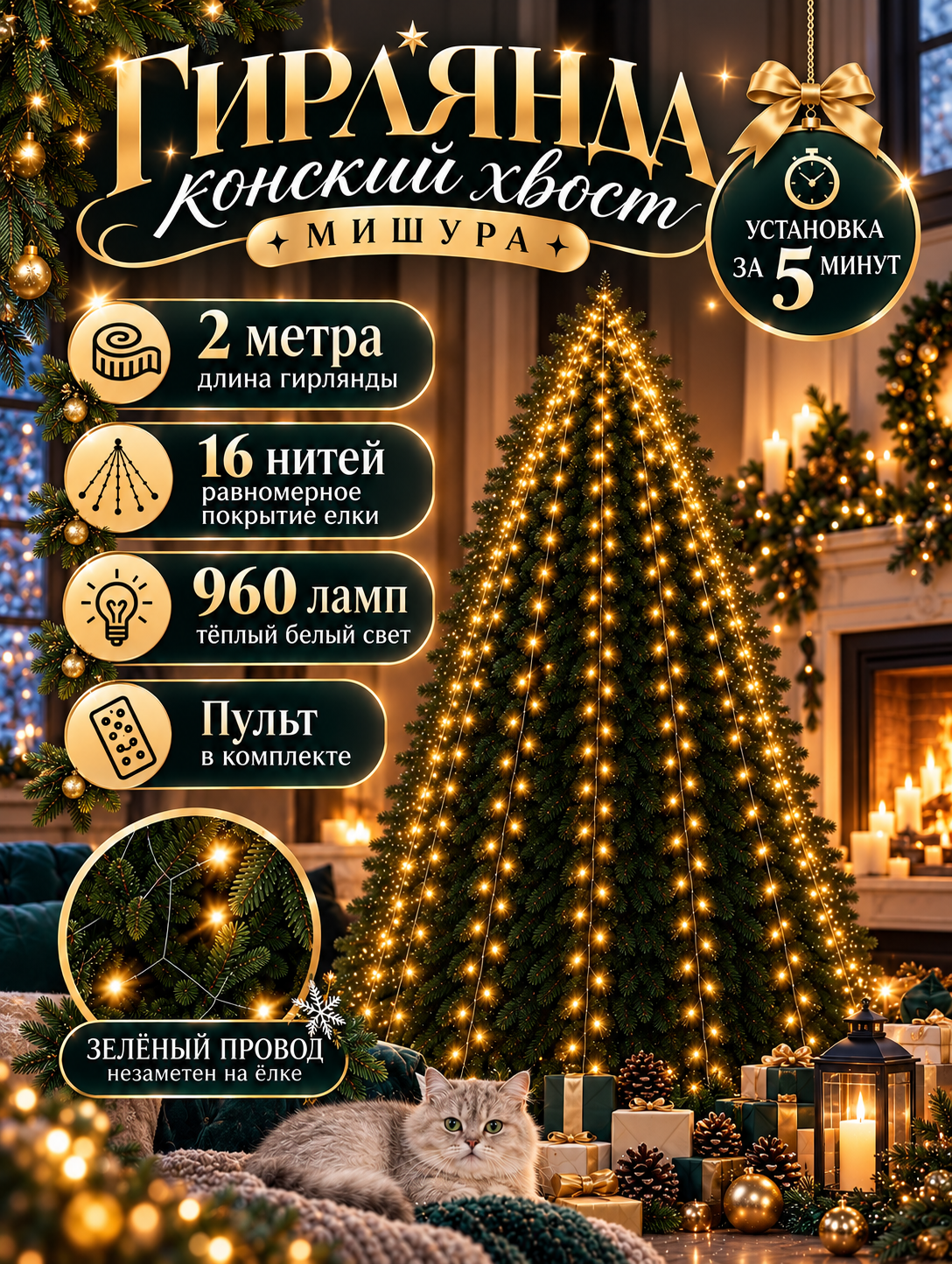 Гирлянда конский хвост на елку мишура 2 метра зелёный провод теплый свет