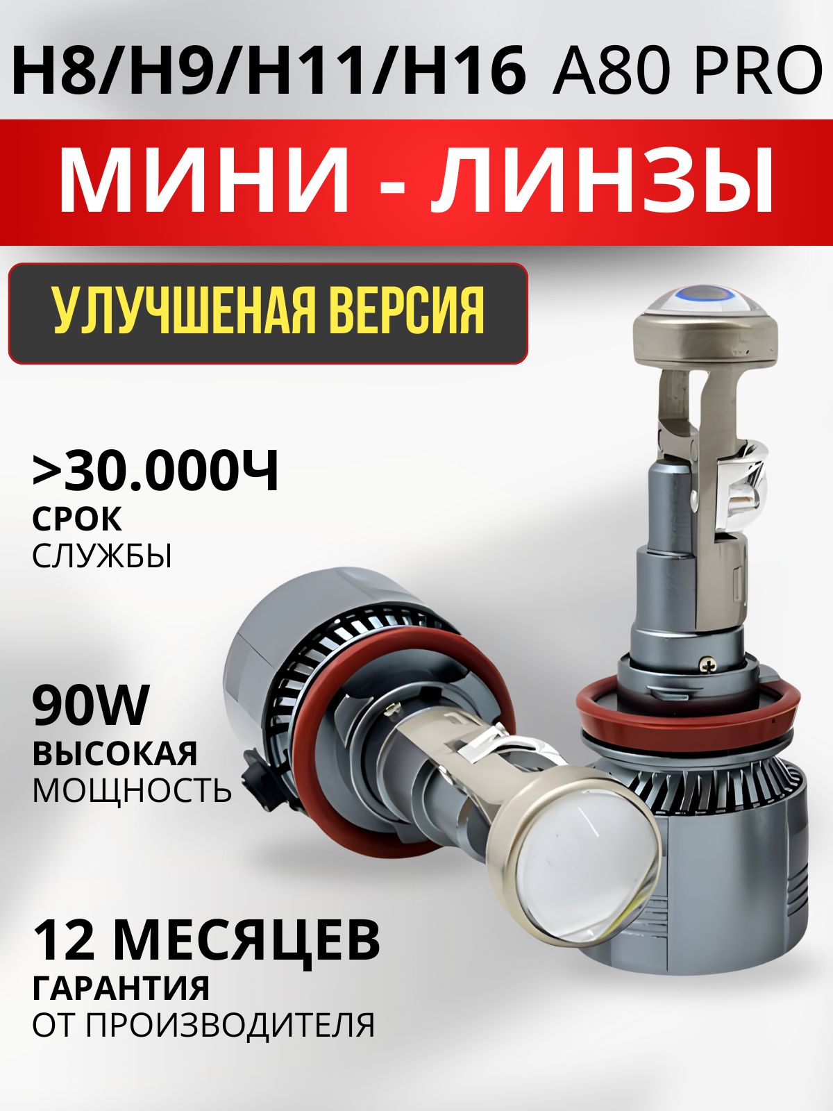Мини линзы A80 H11 MAX PRO - Светодиодные лампы H11, LED лампы Н11 H8 H9 H16 с линзой