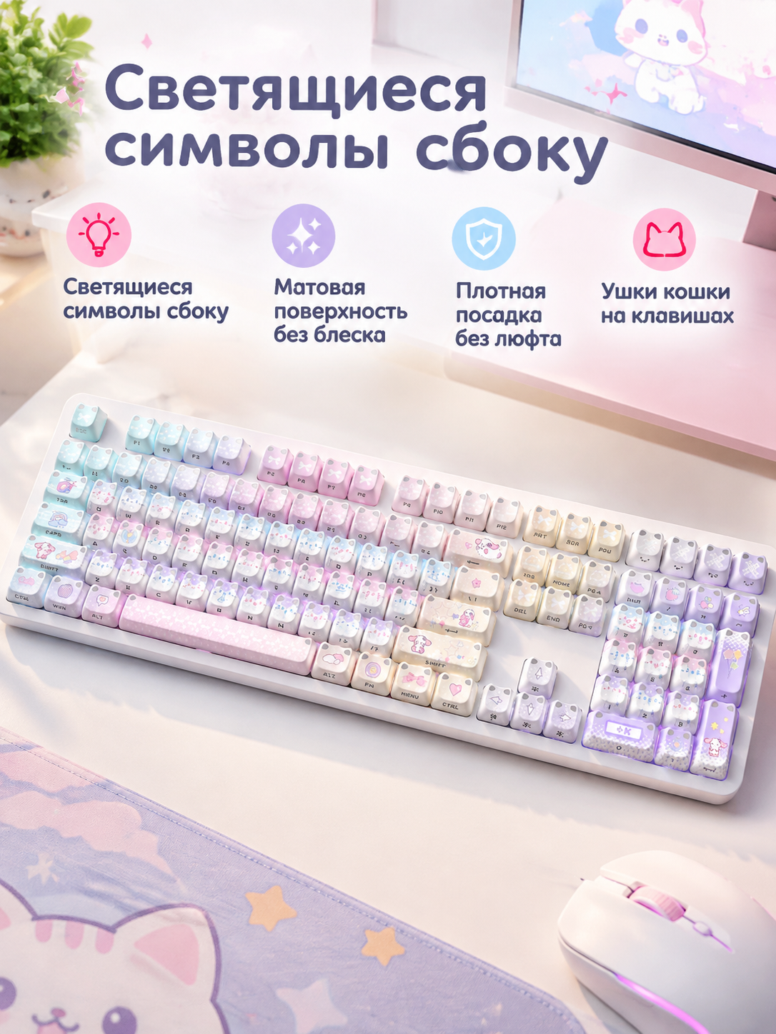 Кейкапы для механической клавиатуры с кошачьими ушками и светящимися символами, 113 шт, звёздный кролик
