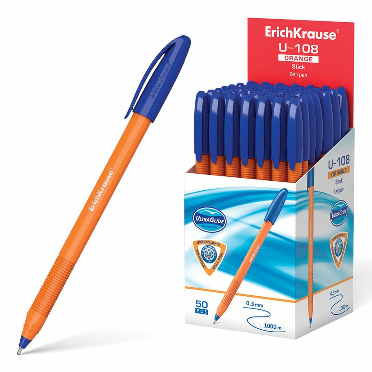 Ручка шариковая Erich Krause U-108 Orange (0.3мм, синяя, масляная основа, корпус оранжевый) (47582), 50шт.