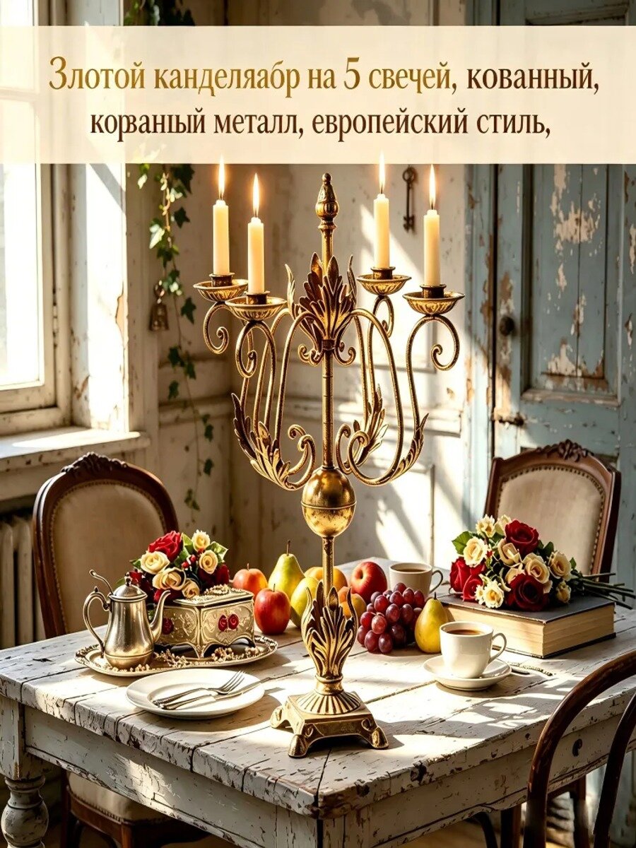 Кованый подсвечник на 4 свечи, напольный и настольный, латунь и дерево