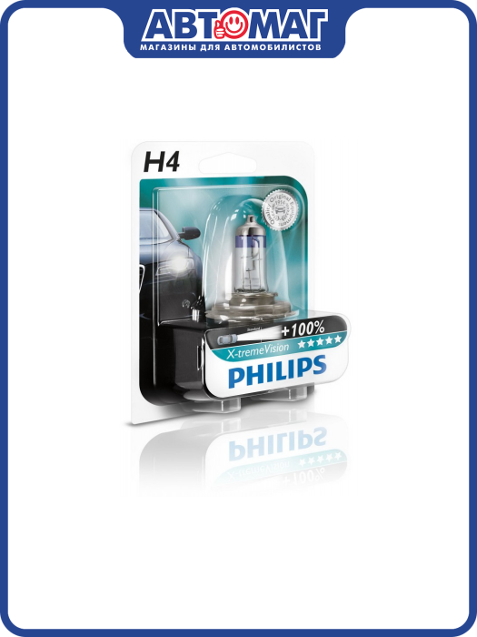 Лампа PHILIPS X-treme Vision H4 12V 60/55w +100% блистер (1шт.), PHILIPS-12342XVB1