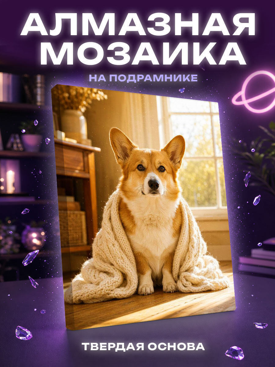 Алмазная мозаика Корги в уютном кашемировом пледе у окна