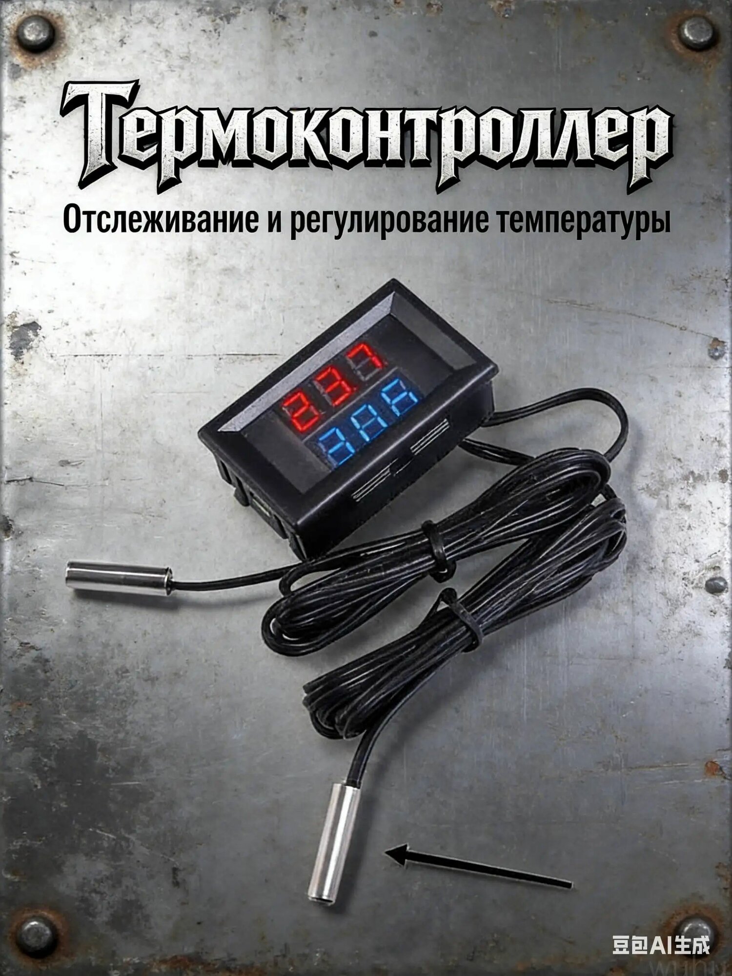 2-канальный термометр,-55-+120 , С цилиндрическим датчиком температуры длиной 1 м, источником питания от 4 до 28 В, красным и синим дисплеем