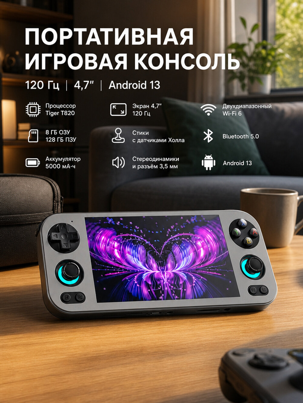 Портативная игровая консоль 4,7″ 120 Гц, Android 13, 8/128 ГБ, Wi‑Fi 6, серая, с джойстиками Холла