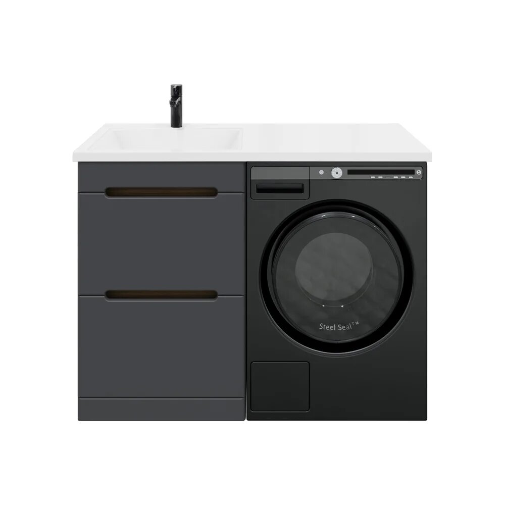 Тумба с раковиной SanStar Darko 120 L под стиральную машину, напольная, 120, 2 см, серая, светлое дерево, матовая, из МДФ, с ящиками, раковина для ванной, из искусственного камня, прямоугольная