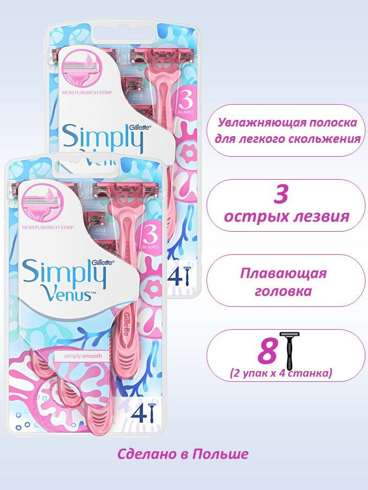 Станки одноразовые женские Gillette Venus 3, 3 лезвия, увлажняющая полоска, розовые, 8шт