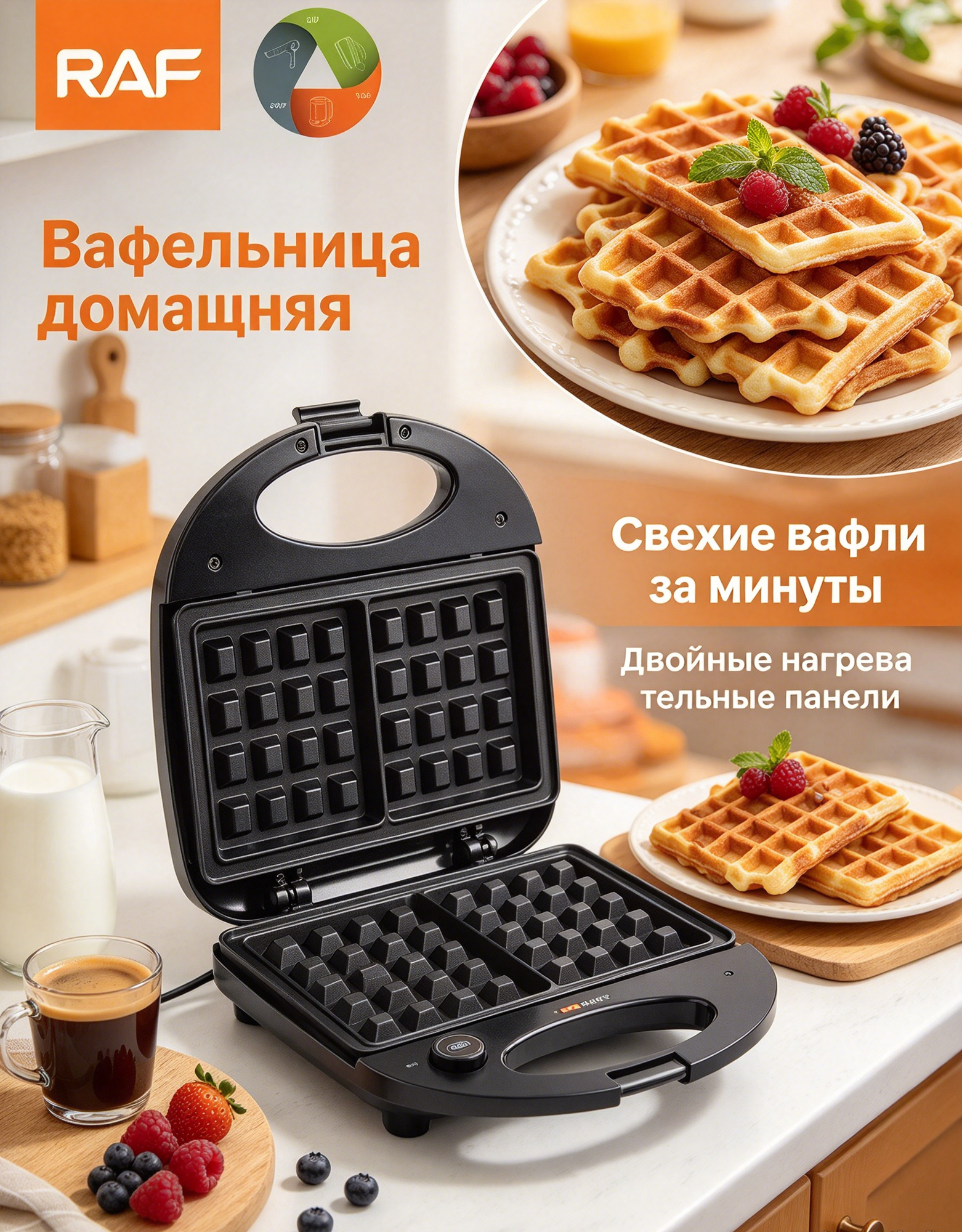 Вафельница для дома, электрическая, антипригарное покрытие, 750 Вт, быстрая выпечка вафель на завтрак