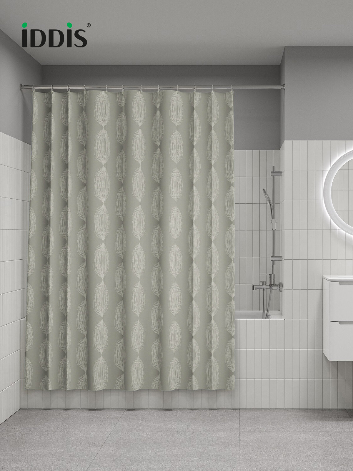 Штора для ванной IDDIS Бэйс (Base) BD05P18i11 200x180 см тканевая водонепроницаемая с кольцами серая