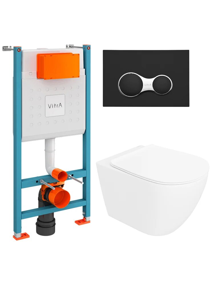 Комплект 4 в 1: Инсталляция VitrA Ви-Фикс Кор (V-Fix Core) 732-5800-01 / Унитаз подвесной STWORKI Готланд S13401WH безободковый, с микролифтом / Кнопка Сириус (Sirius) 740-0411, матовая черная, Комплект креплений