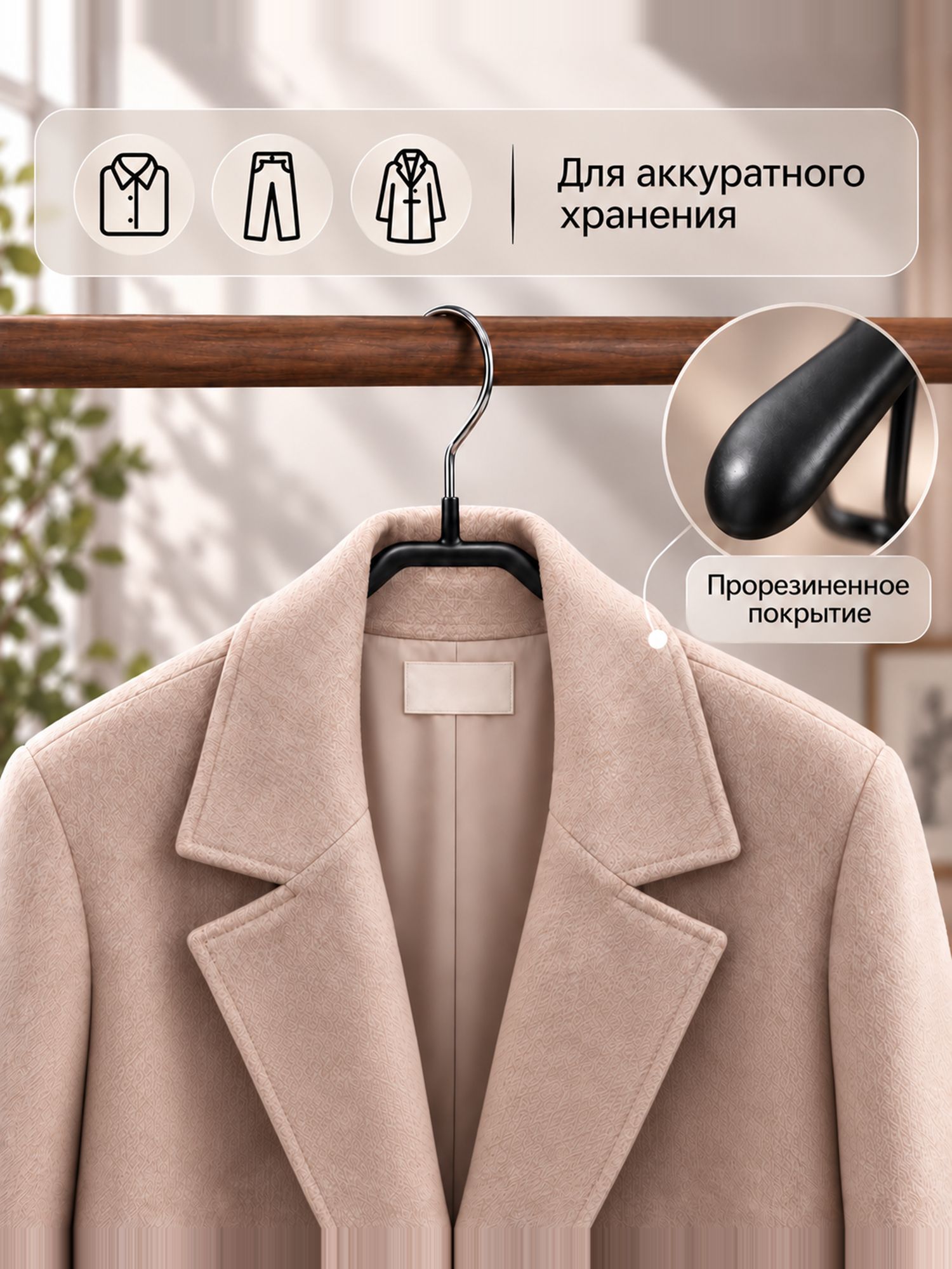 Вешалки плечики для одежды металлические, антискользящие, черные, 5шт.