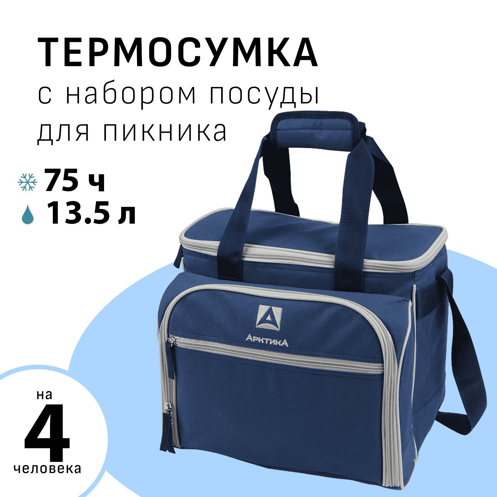 Термосумка «Арктика», с набором для пикника на 4 человека, 13.5 л, 31×34×24 см, синяя