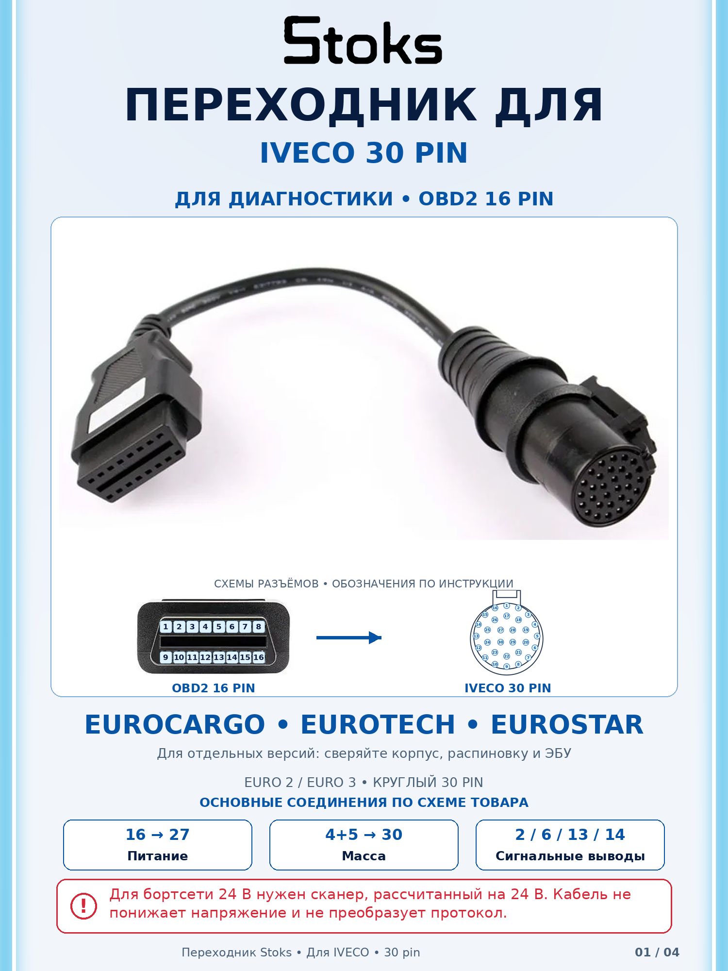 Для грузовиков IVECO 30Pin в 16pin OBD2 переходник