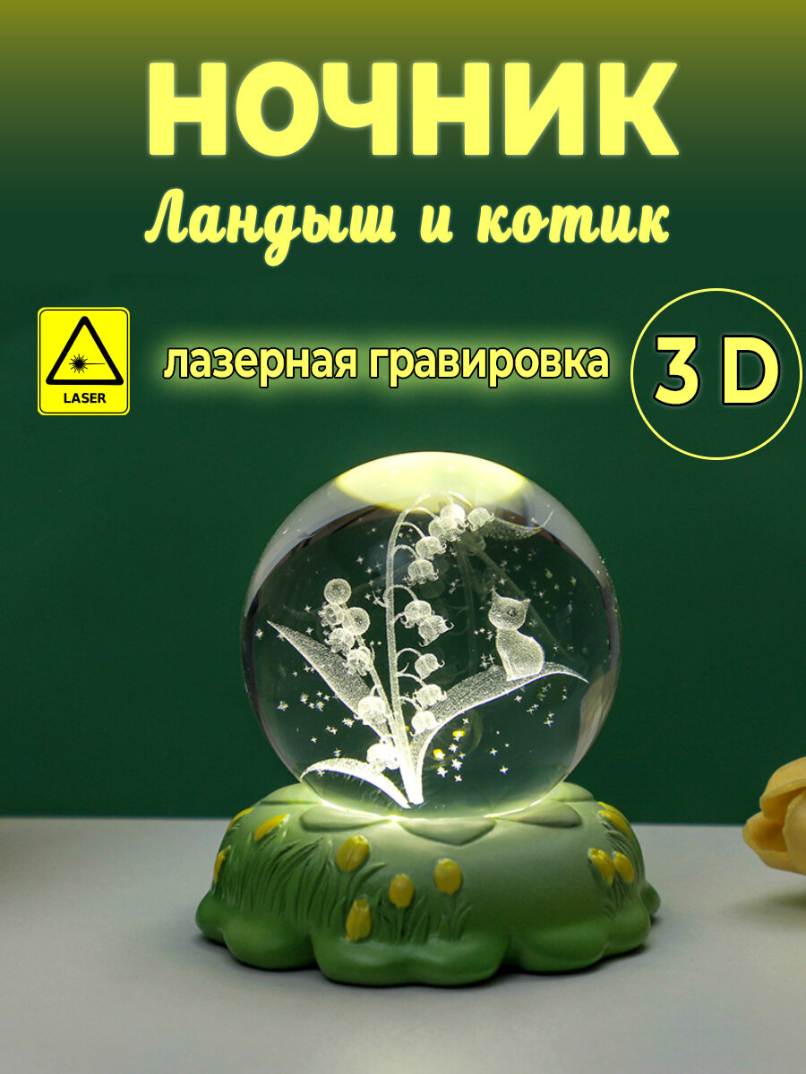 Ночник стеклянный шар "Тюльпаны и котик"