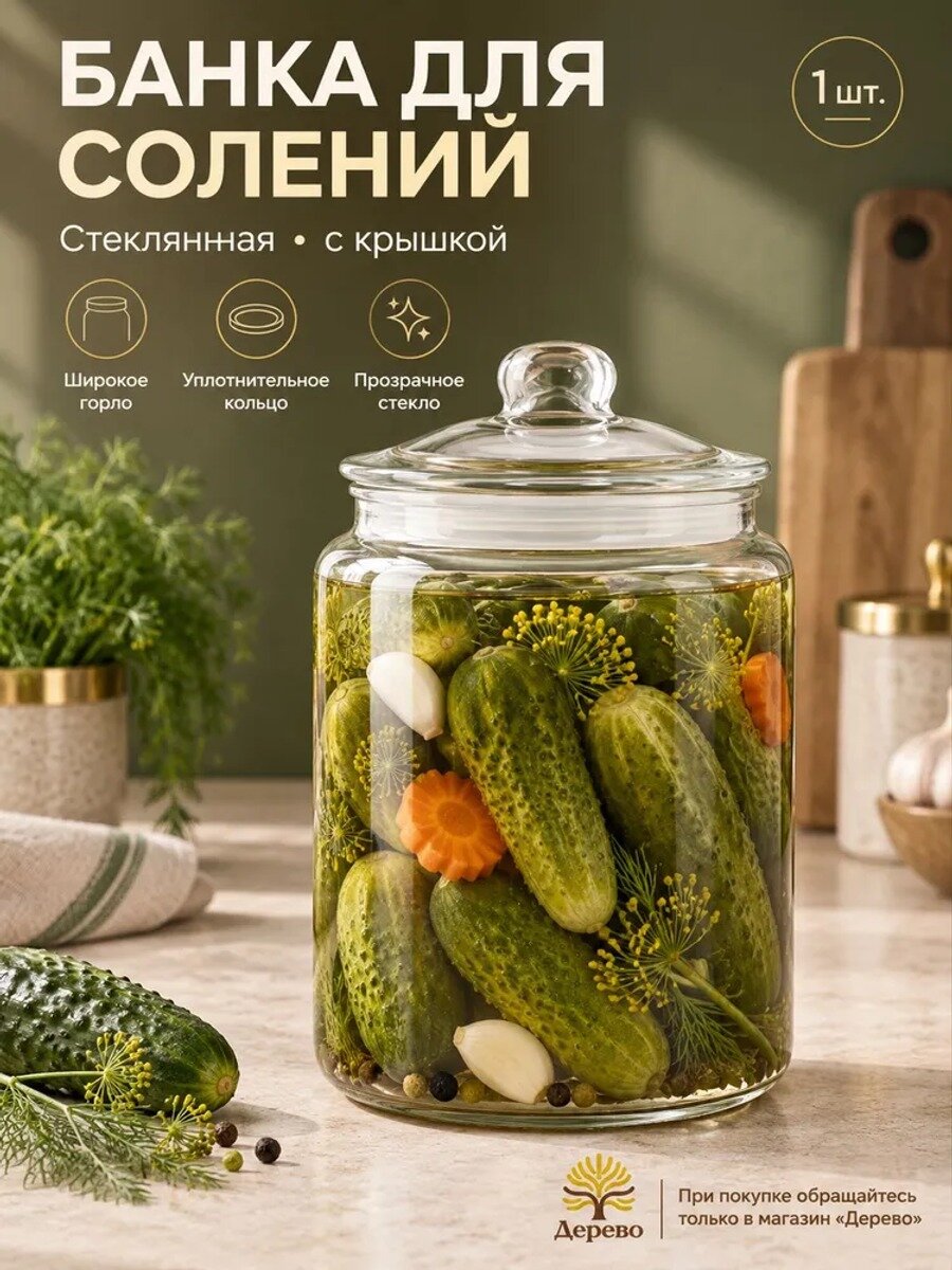 Стеклянная банка для засолки и солений с крышкой, 2000 мл, 1 шт.