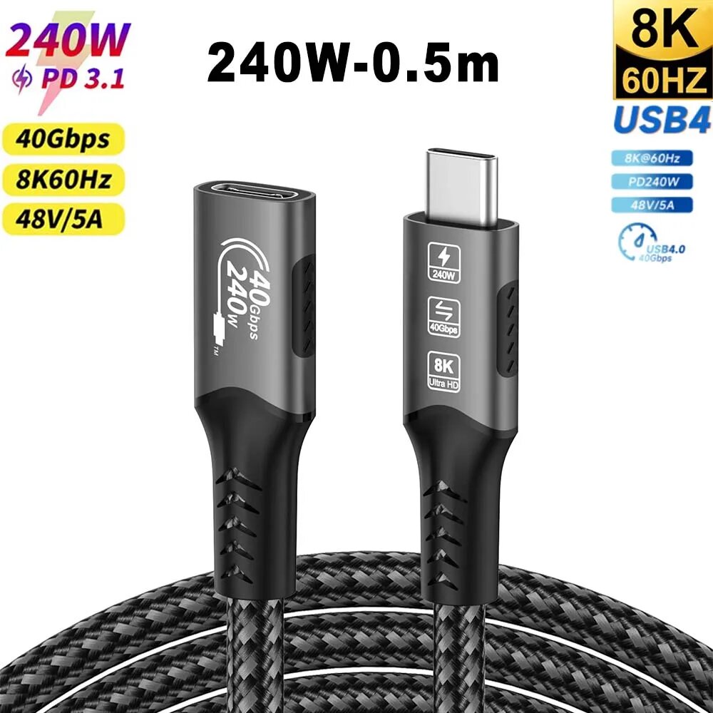 Удлинительный кабель USB C 8K, удлинитель типа C, совместимый с Thunderbolt 4/3 USB4.0/3.2/3.1, быстрая зарядка для ноутбуков MacBook, Huawei